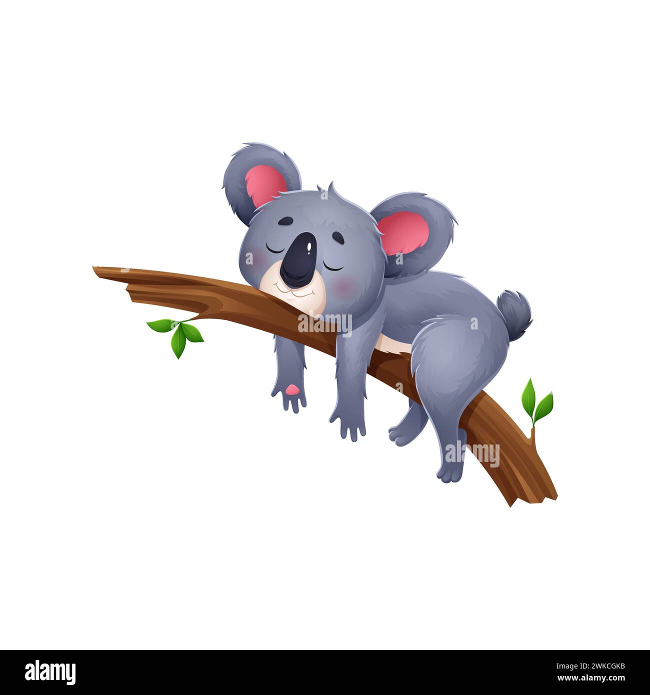Koala cartoon character sleeping on eucalyptus tree branch, vector cute ...