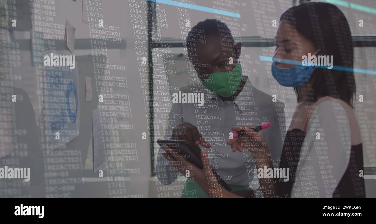 Image of financial data processing over diverse businesswomen with face ...