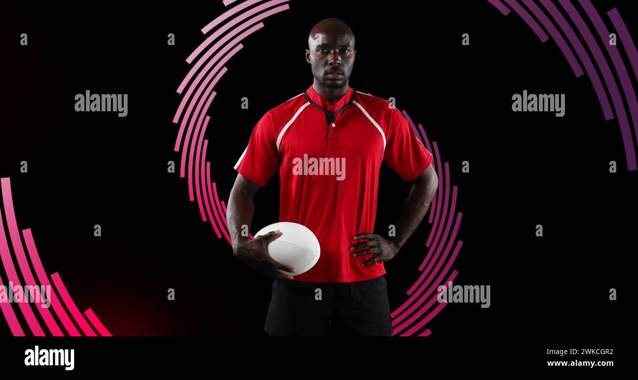 Image of spiral of red lines rotating over portrait of african american ...