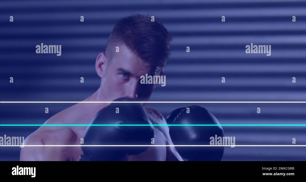 Image of blue and white neon lines over caucasian male boxer warming up ...