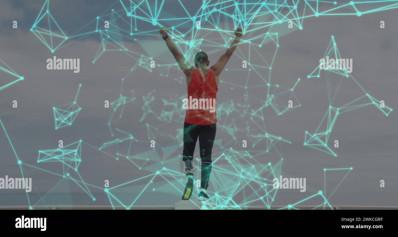 Image of network of connections over male athlete with running blade ...