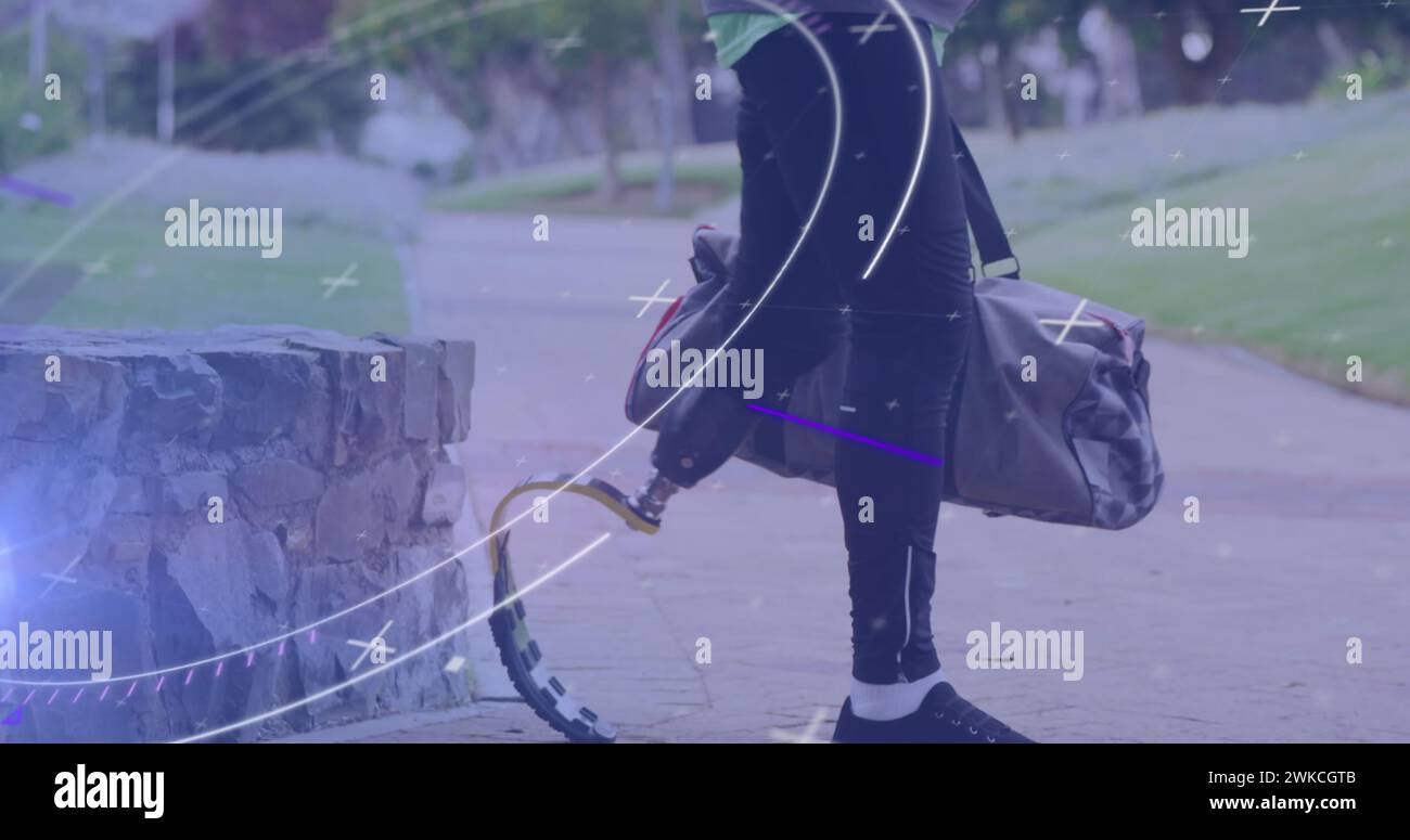 Image of scope and processing data over male athlete with running blade ...