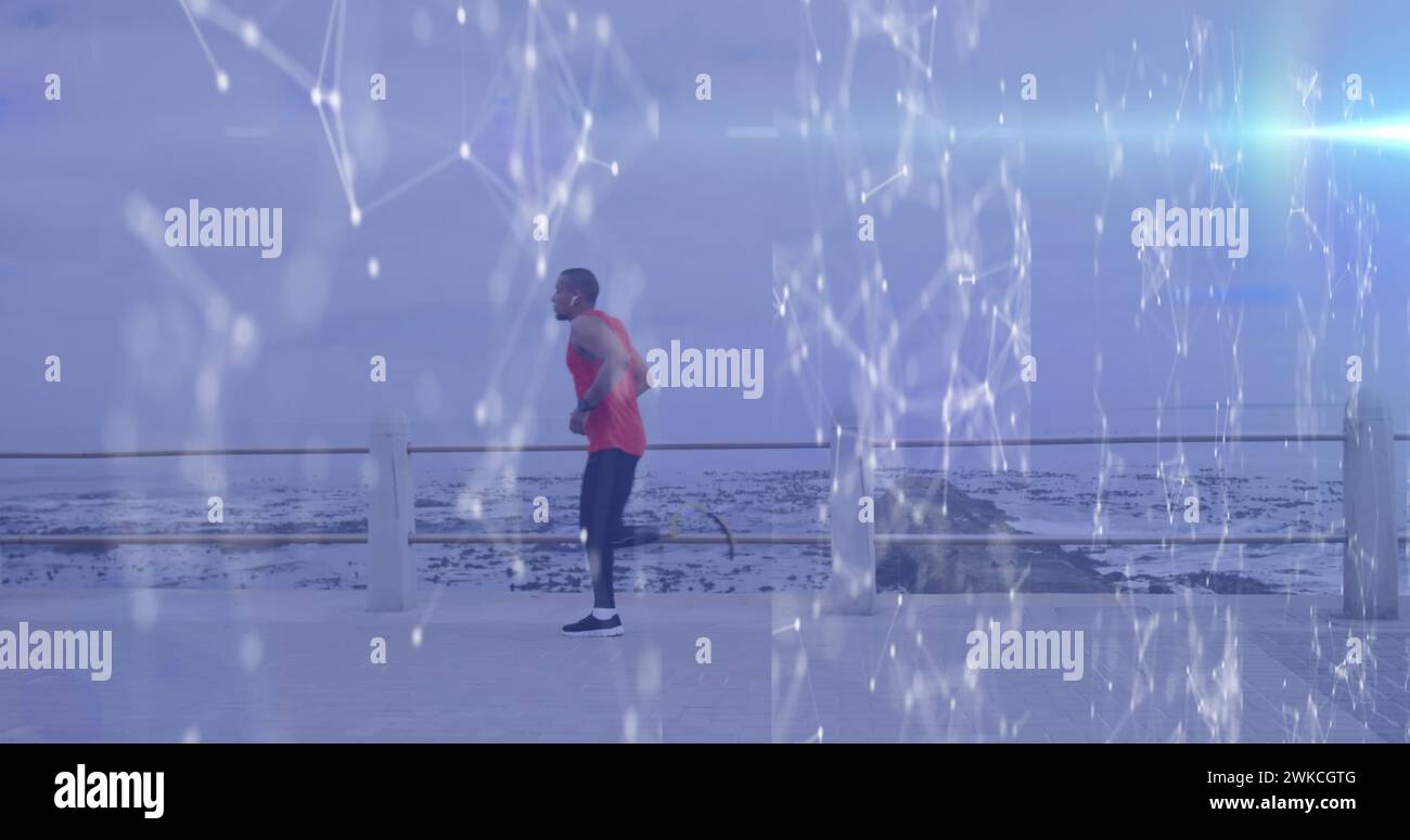 Image of network and processing data over male athlete with running ...