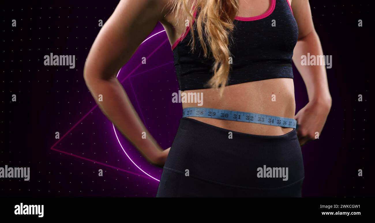 Image of woman measuring waist over rotating purple neon scanner Stock ...