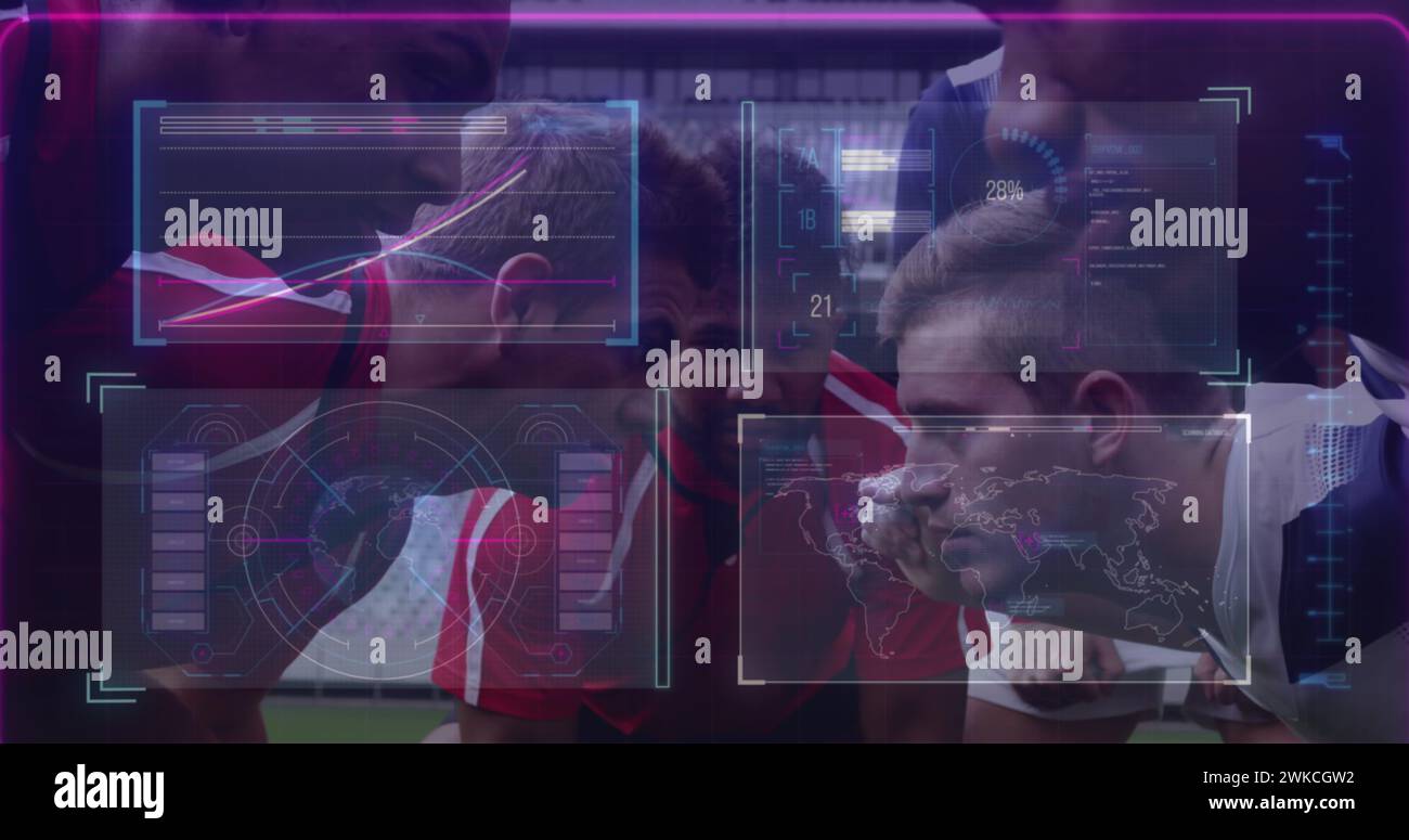 Image of interface and data processing over male rugby players in scrum ...