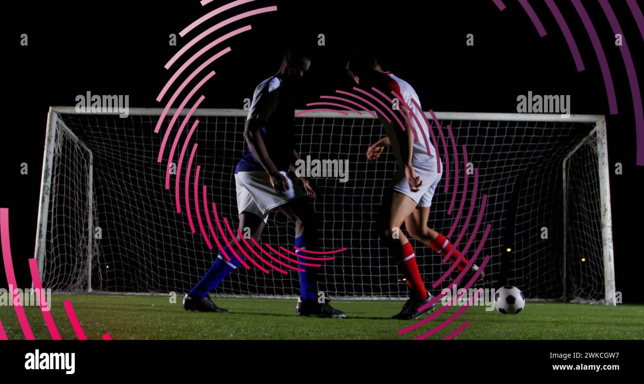 Image of red line spiral rotating over two male football players during ...