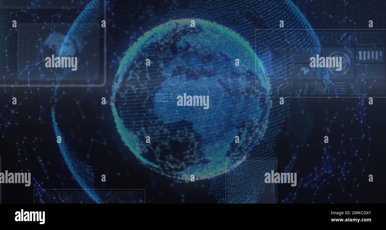 Image of scopes scanning over network of global connections. global ...