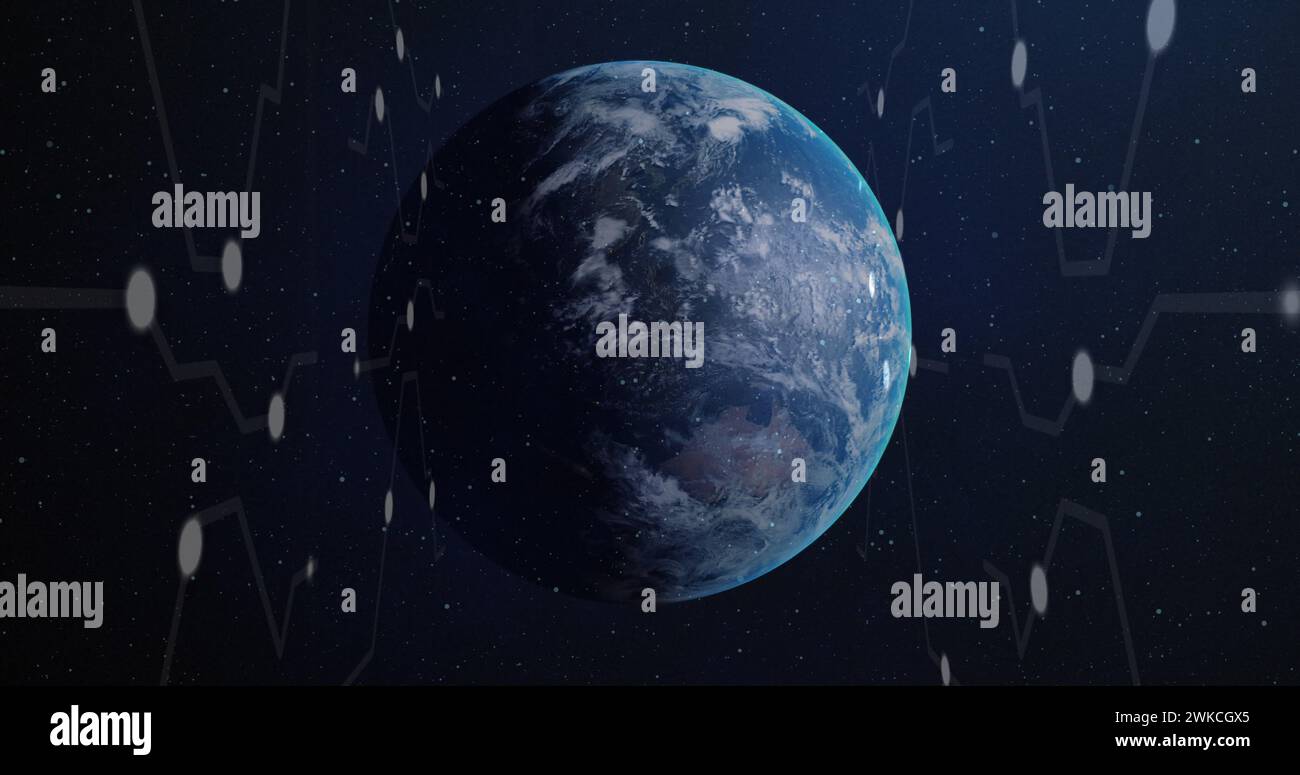 Image of network of connections over blue grid with planet earth Stock ...