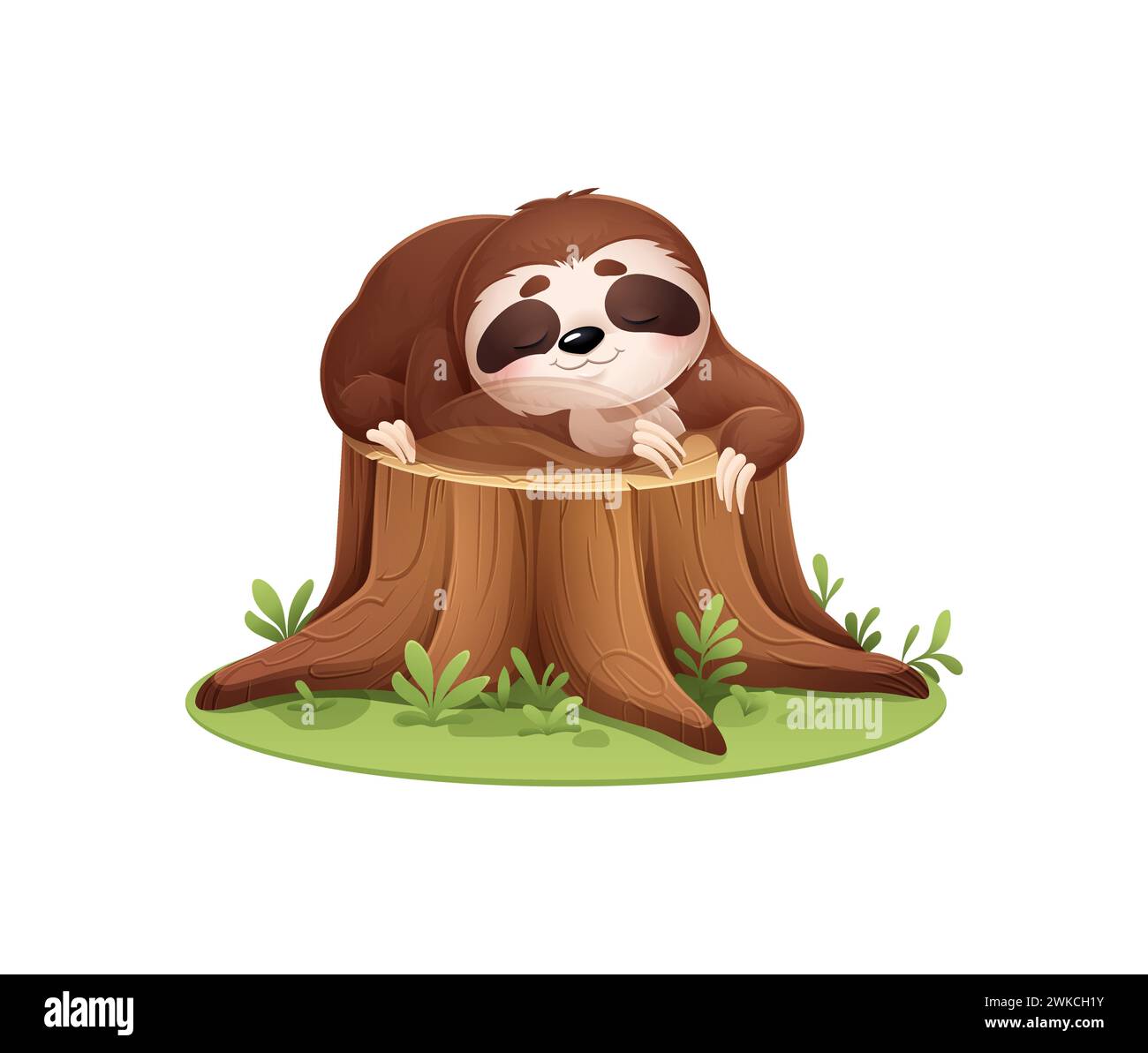 Cartoon lazy sloth animal character sleeping on stump. Vector cute ...
