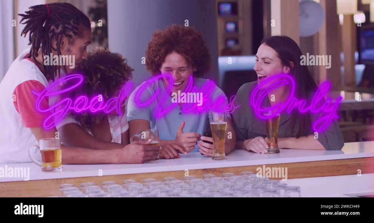 Image of good vibes only text over happy diverse friends talking and ...