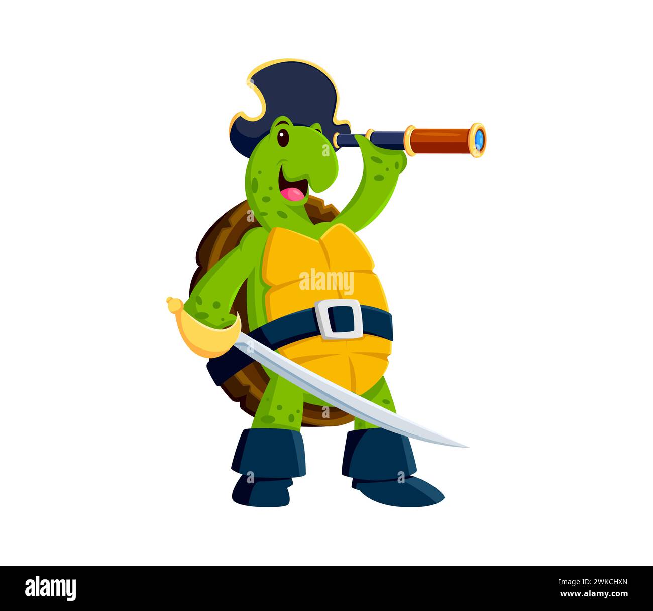 Cartoon turtle pirate animal character wearing tricorn captain hat ...