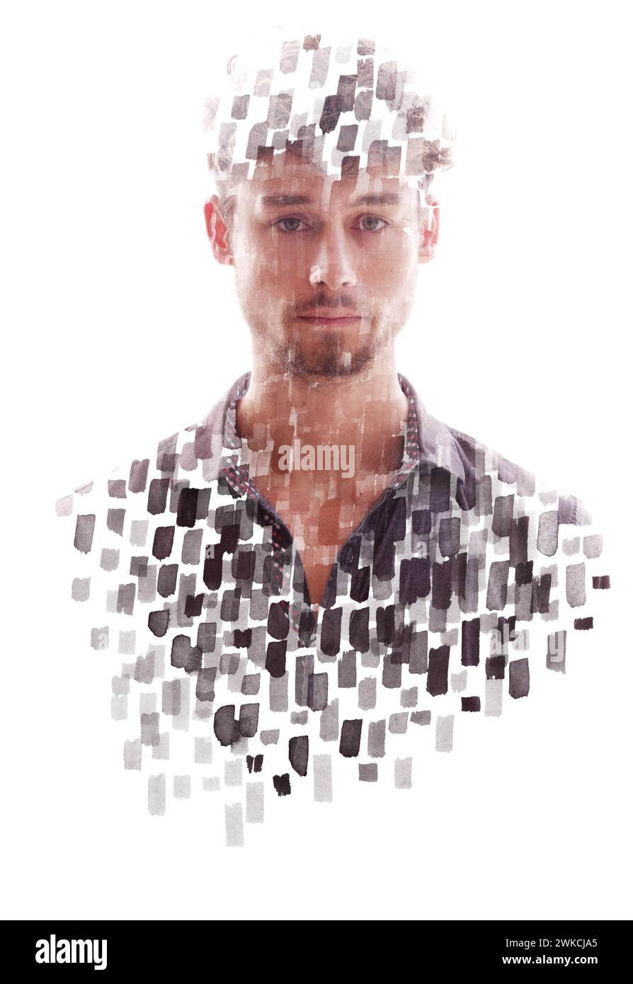 A double exposure paintography male portrait fading into the background ...