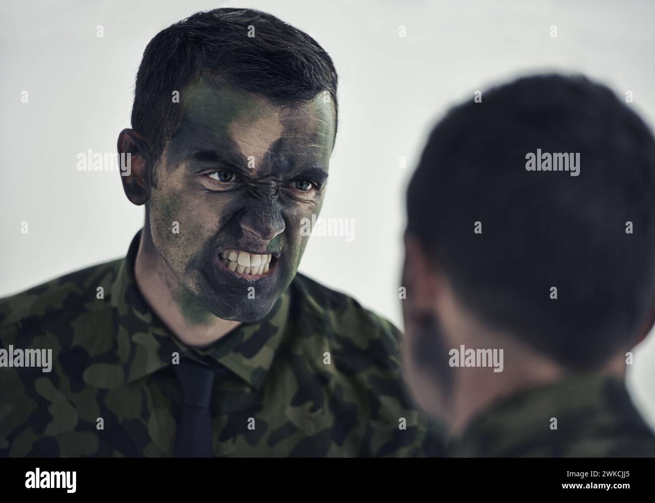 Soldier, man and mirror with camouflage for war with thinking, decision ...