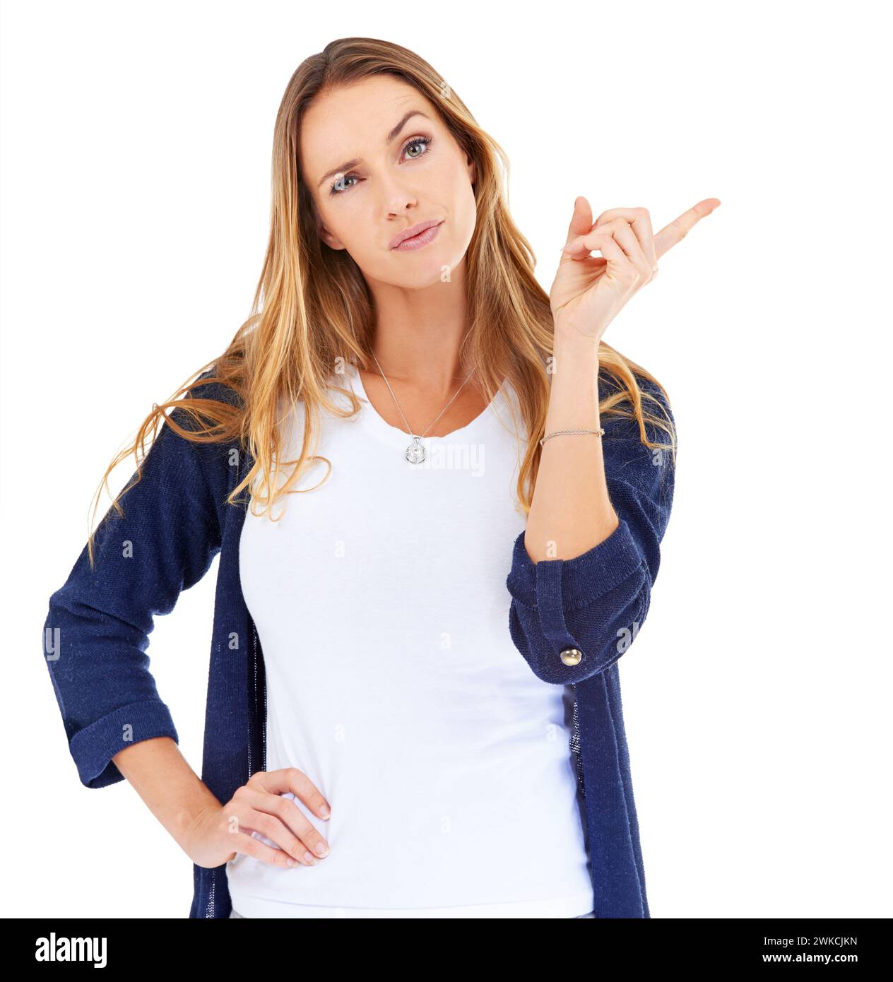 Woman, pointing and doubt for recommendation in portrait, presentation ...