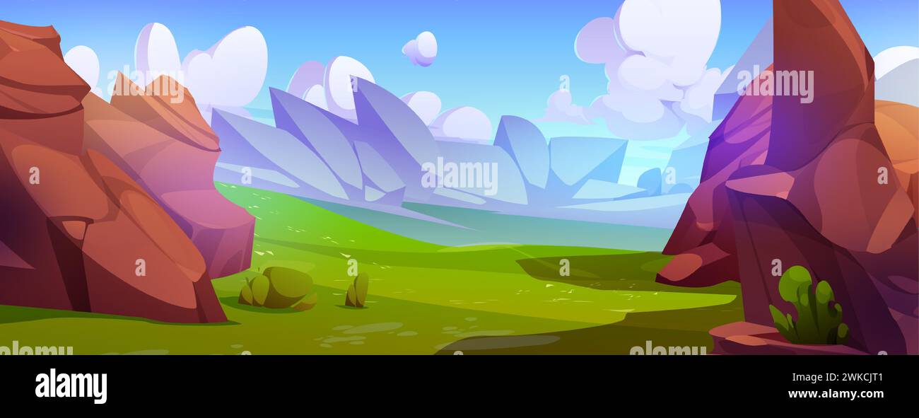 Summer mountain valley landscape. Vector cartoon illustration of ...