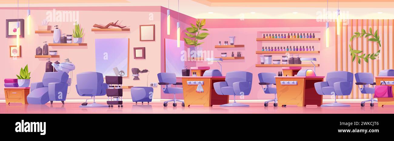 Beauty salon interior design. Vector cartoon illustration of large ...