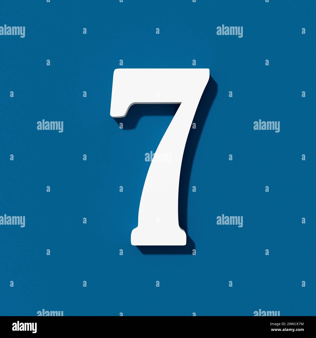 White number seven 7 on blue background. Top view. 3D render Stock ...