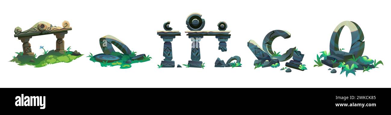 Ancient ruin of old lost civilization buildings and statues. Cartoon ...