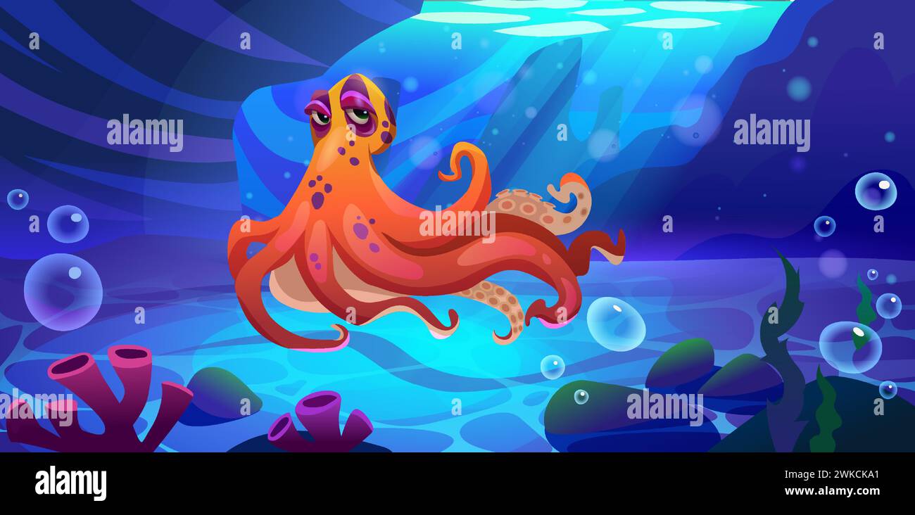 Octopus cartoon character swimming underwater. Vector seabed landscape ...