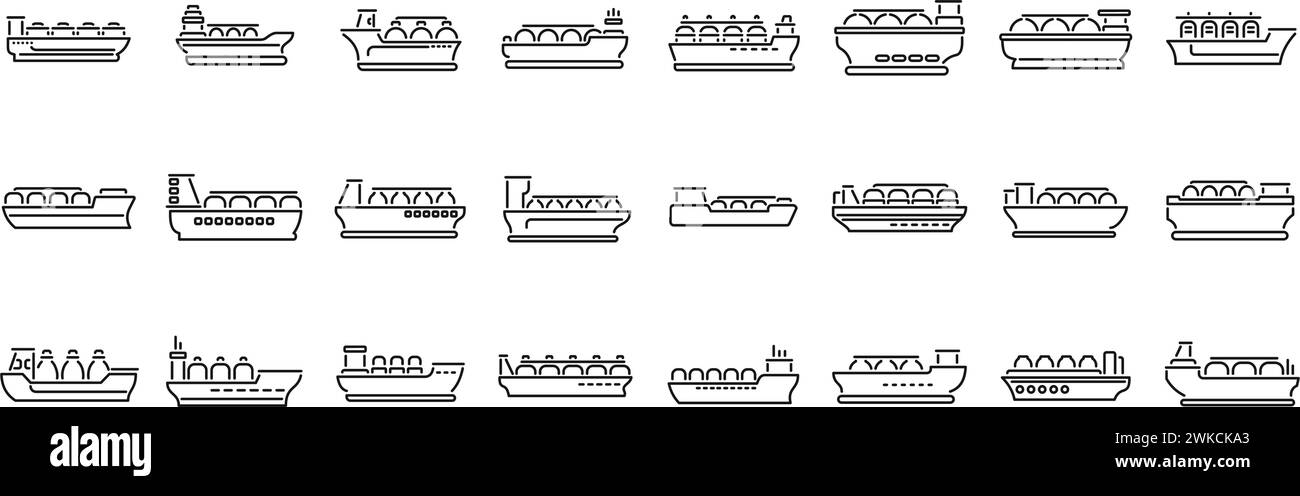Gas carrier ship icons set outline vector. Energy terminal port. Marine ...