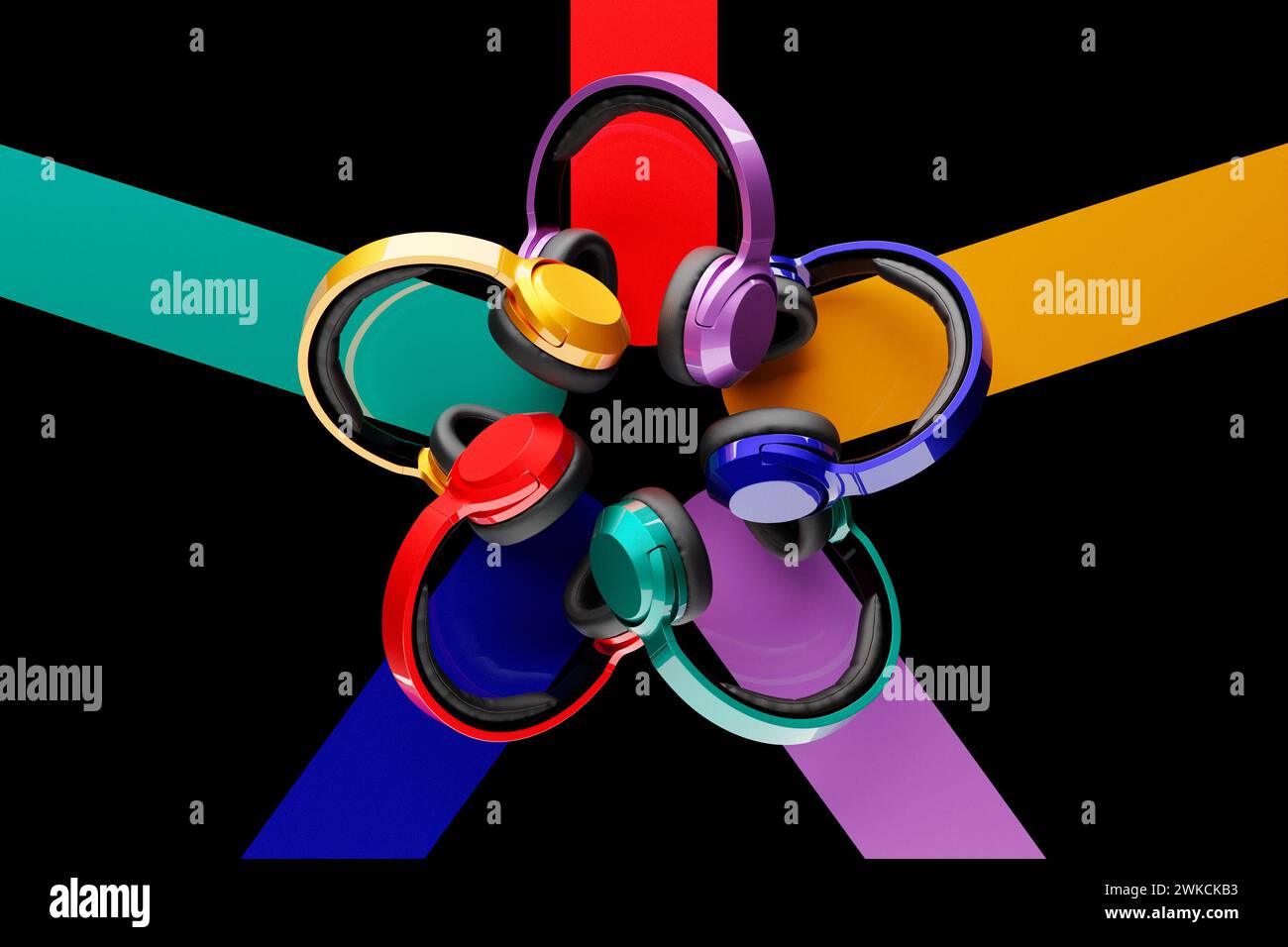 Multi-colored microphones in the shape of a flower on black background ...