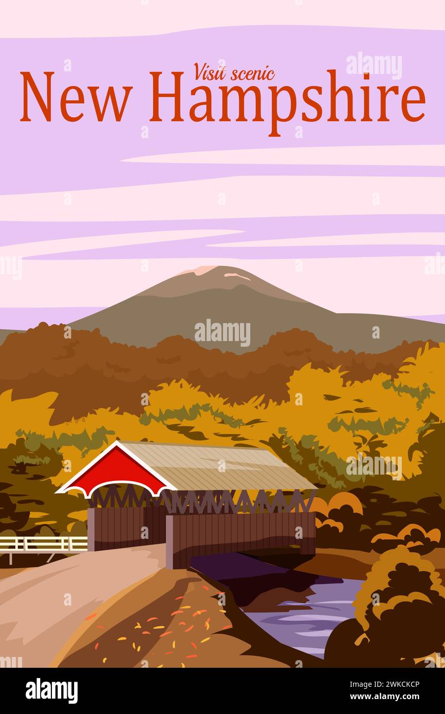 Travel Poster New Hampshire covered bridge, USA Stock Vector Image ...