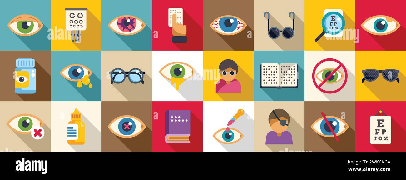 Visual impairment icons set flat vector. Blind braille guide. Reading ...