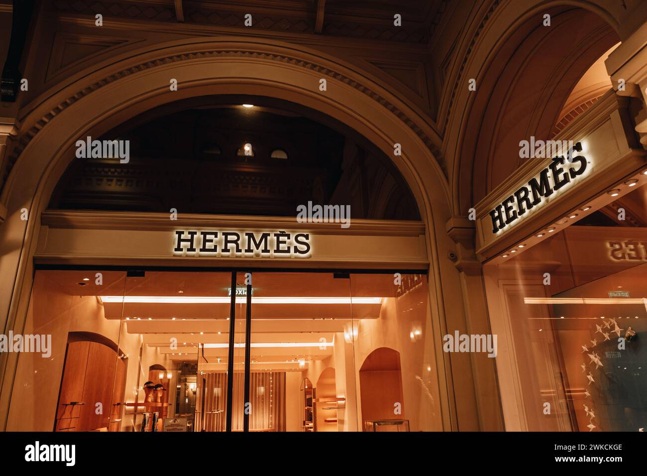 Classy facade interior of a famous Hermes store in a shopping mall ...