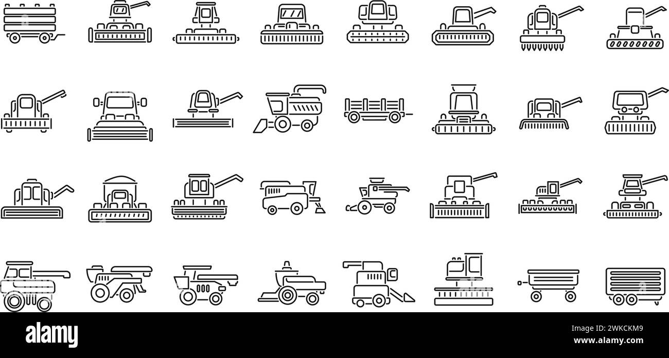 Combine harvester icons set outline vector. Farm agriculture. Summer ...