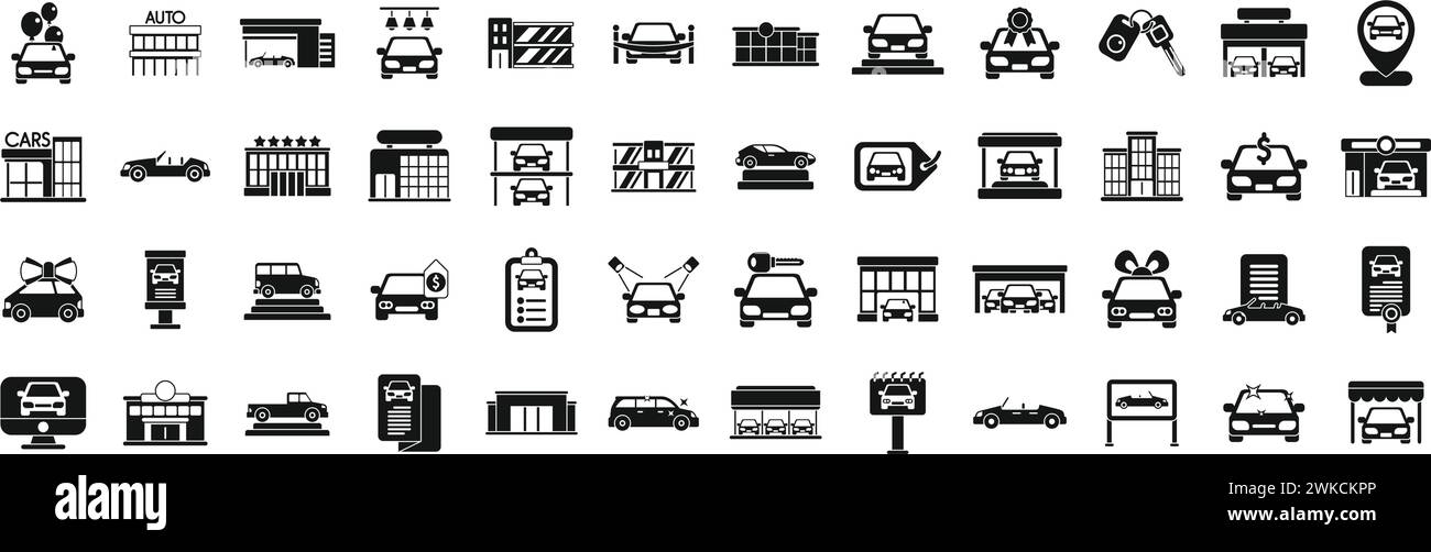 Car showroom icons set simple vector. Building dealer auto. Shop garage ...