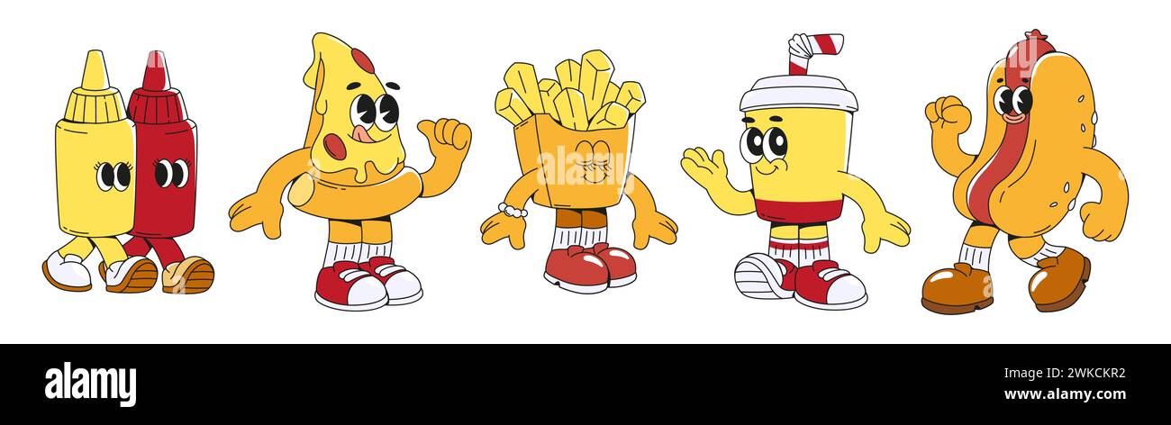 Groovy fast food characters set isolated on white background. Vector ...