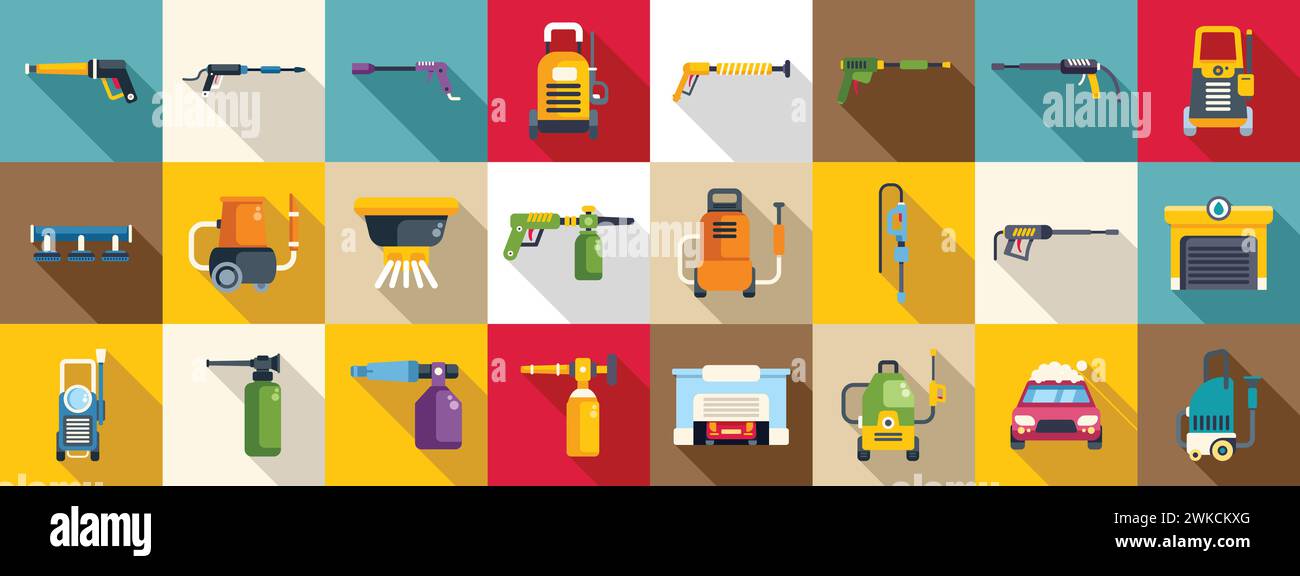 High pressure washer icons set flat vector. Car wash foam. Water soap cleaning Stock Vector ...