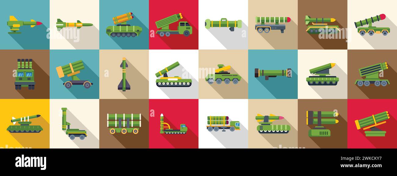 Anti aircraft missile system icons set flat vector. Artillery gun ...