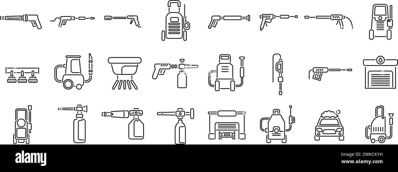 High pressure washer icons set outline vector. Car wash foam. Water ...