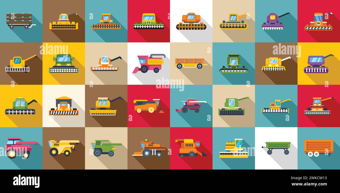 Combine harvester icons set flat vector. Farm agriculture. Summer rural ...
