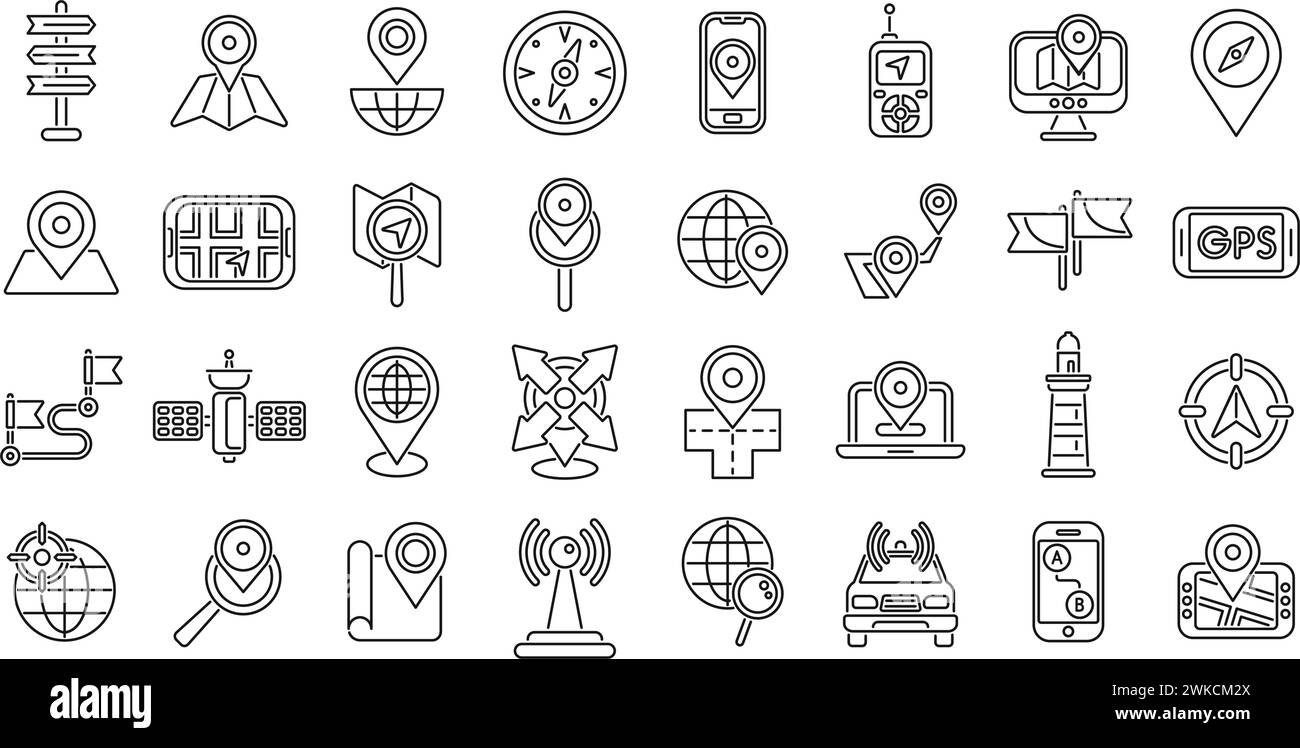 Geolocation icons set outline vector. Pin map location. App tourism ...