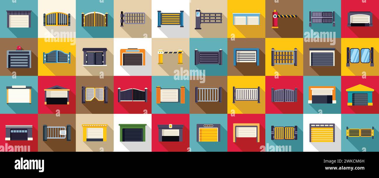 Automatic gates icons set flat vector. Security car. Industrial ...