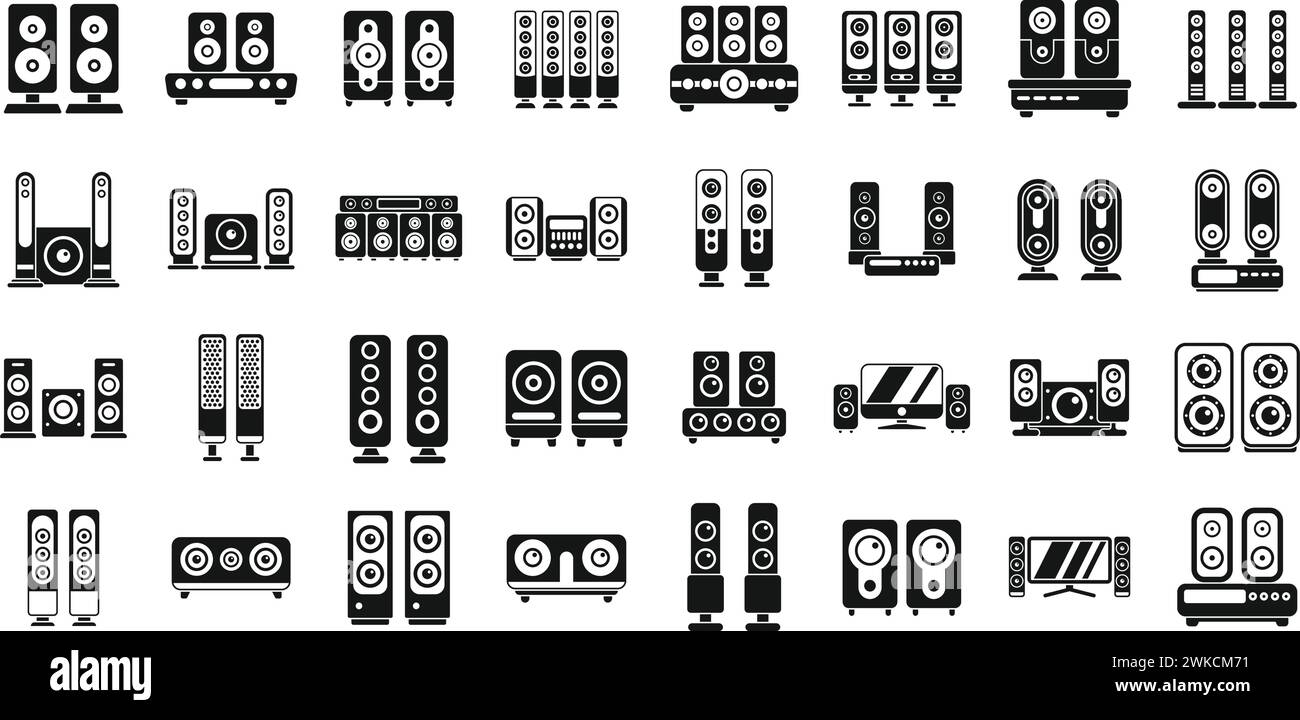 Home theater icons set simple vector. Speaker audio. Center digital ...