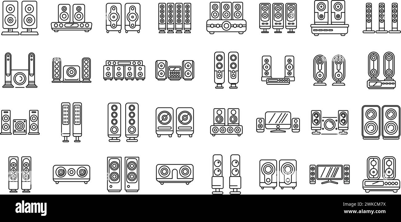 Home theater icons set outline vector. Speaker audio. Center digital ...