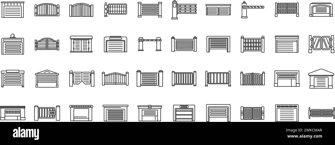 Automatic gates icons set outline vector. Security car. Industrial ...
