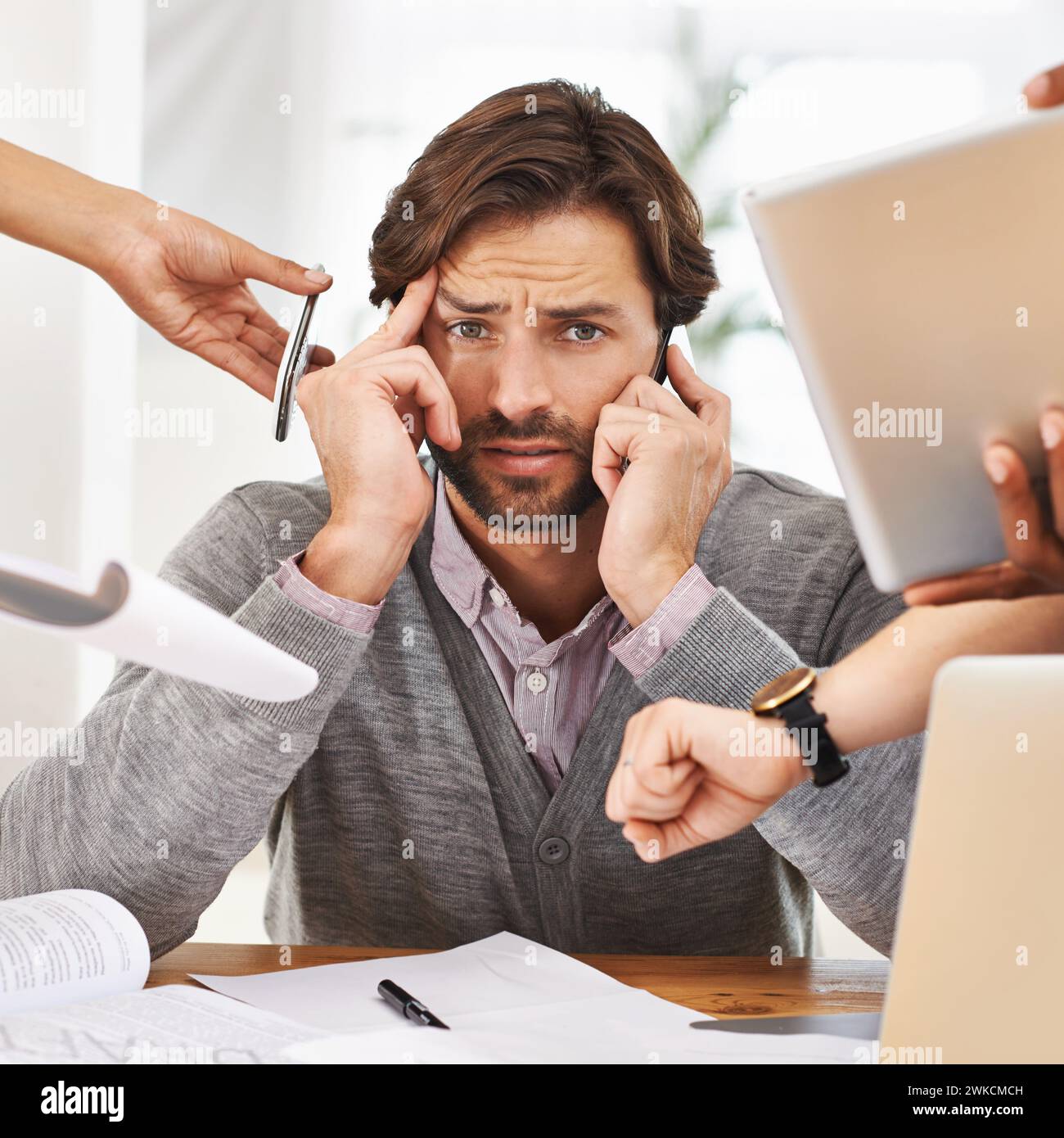 Businessman, portrait and overworked with hands, chaos and frustrated ...