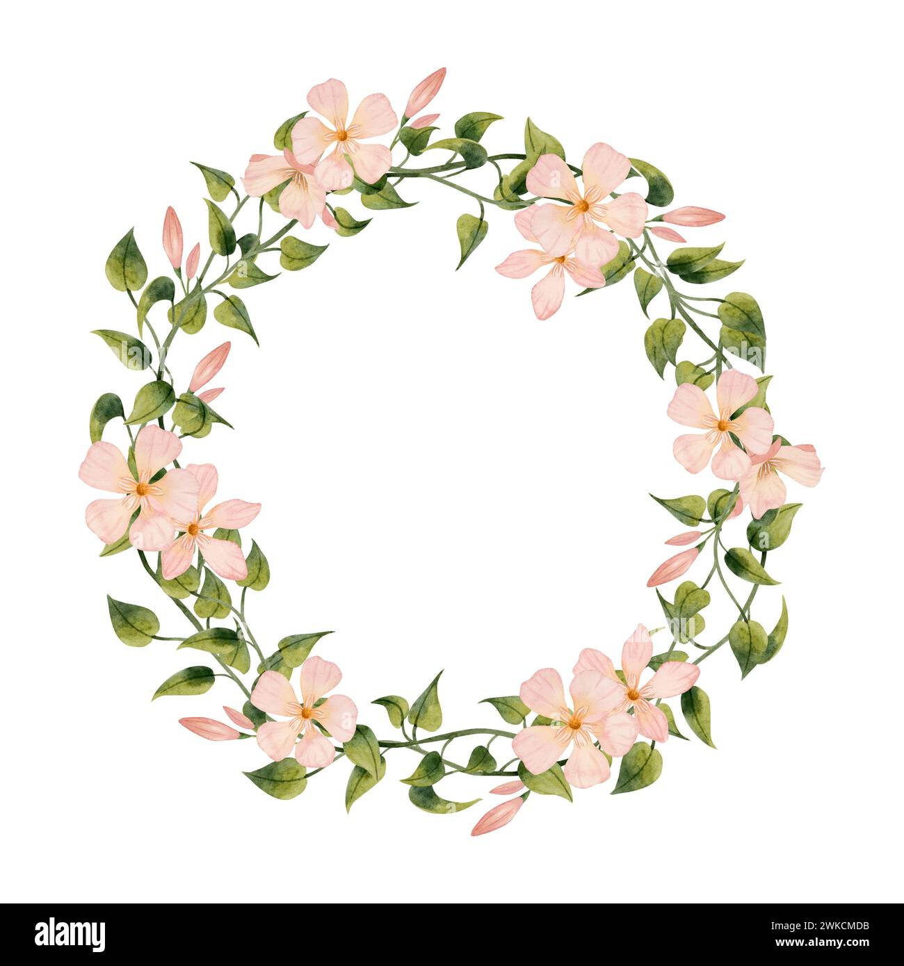 Oleander flowers and tropical vines round wreath watercolor floral ...
