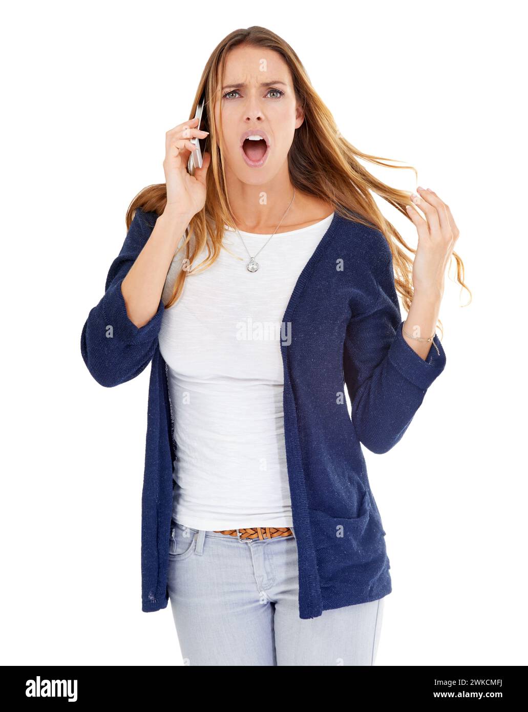 Woman, portrait and phone call for shock in studio, networking and ...