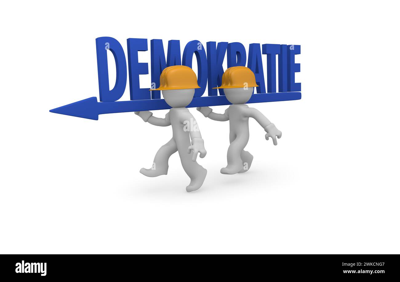 Small character worker with an blue arrow and the German word democracy ...