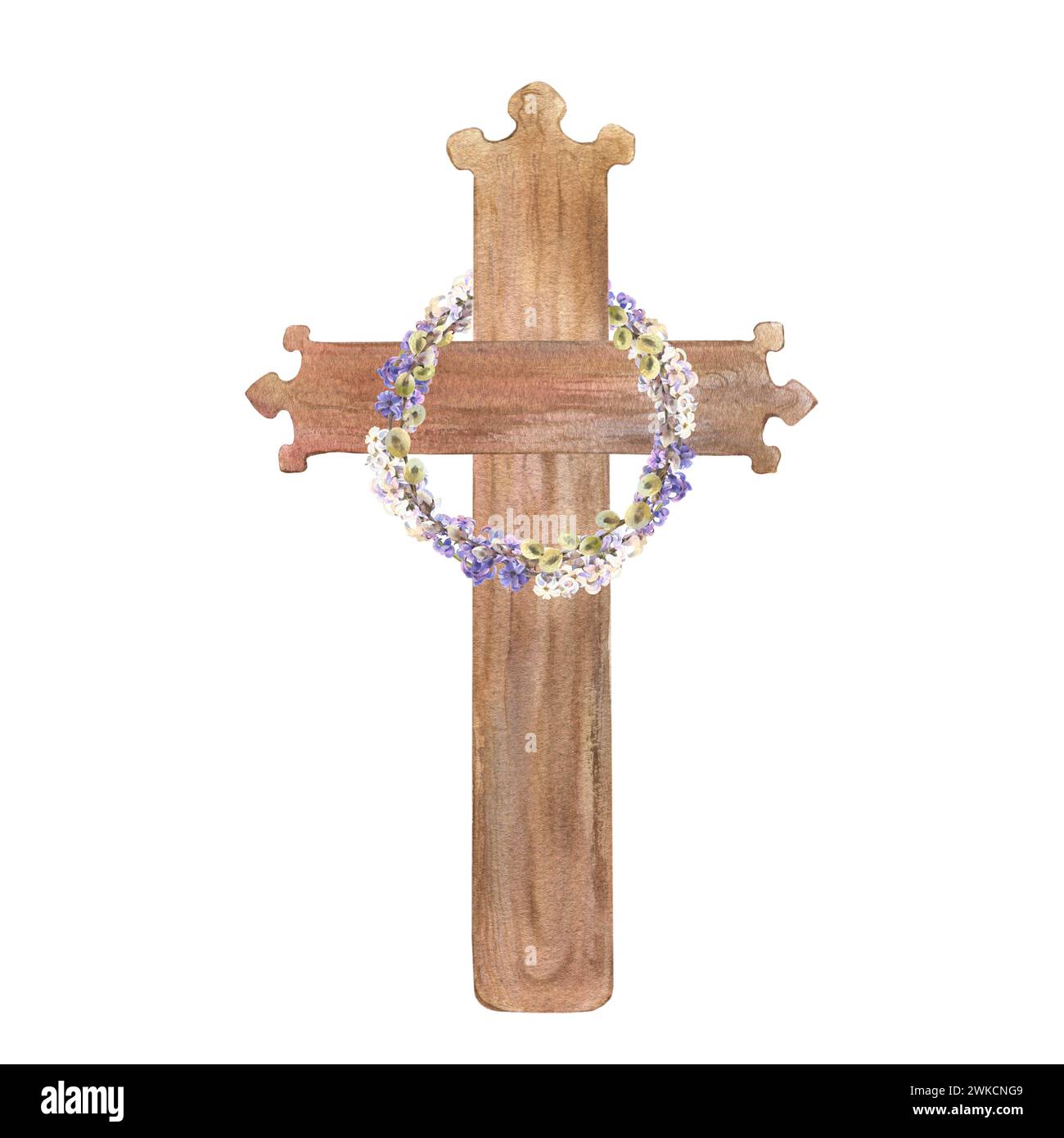Watercolor cross with flower wreath bouquets. Easter catholic religious ...