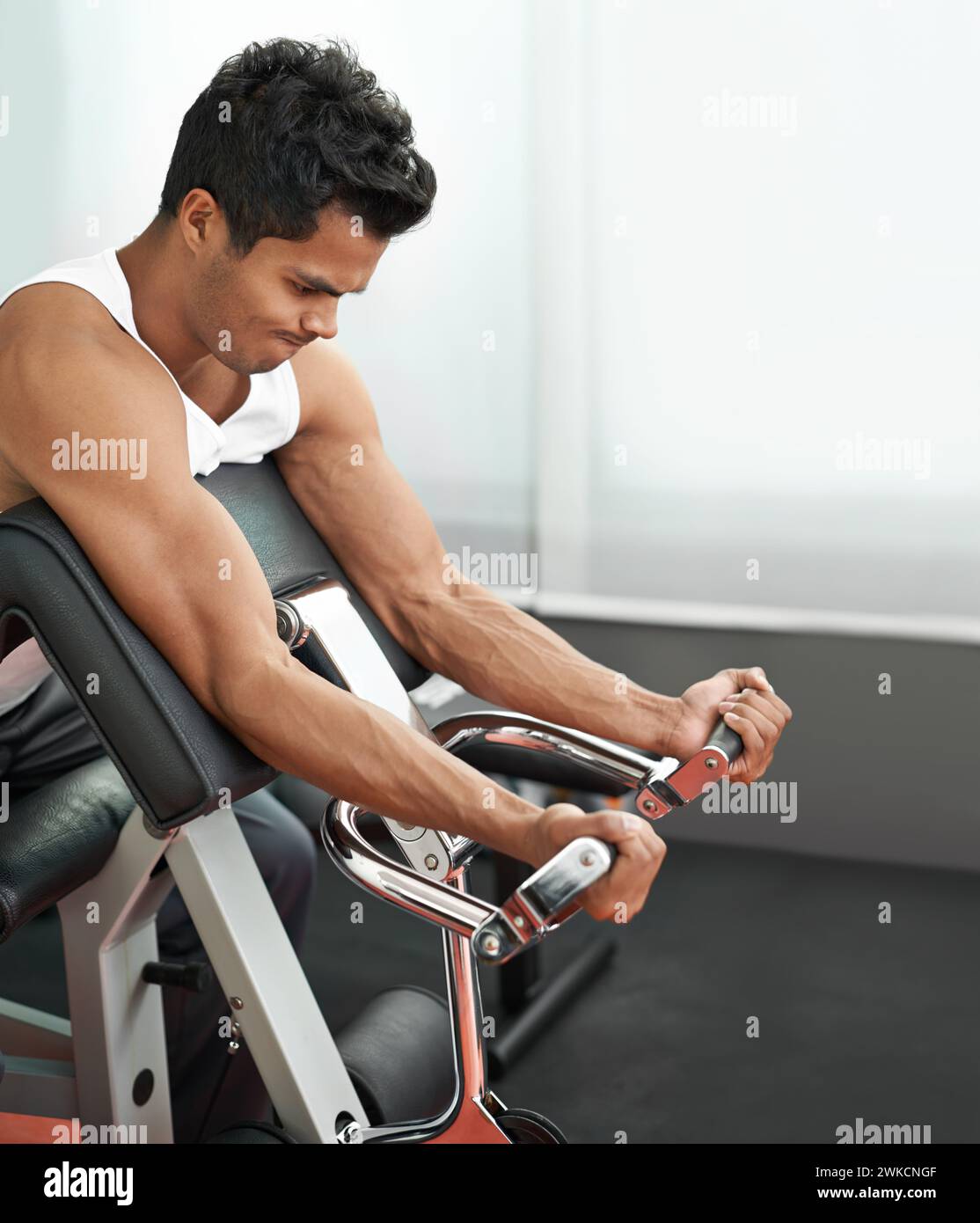 Healthy, weights and man with gym machine, exercise and challenge with ...