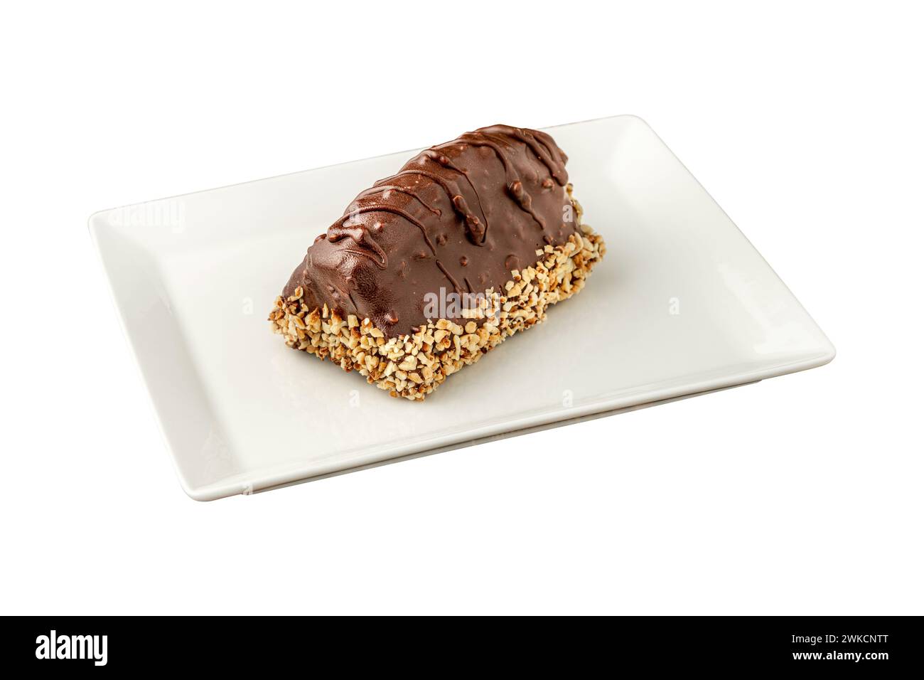 Dessert Cake from Malaga on white background. Cake with banana inside, covered with chocolate ...