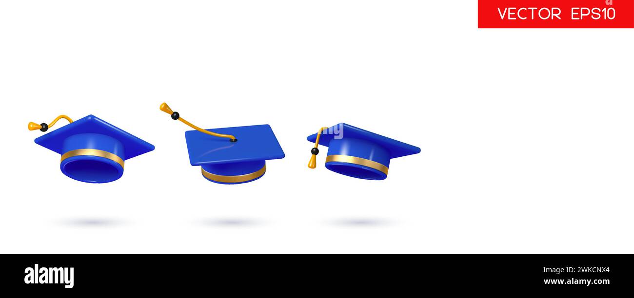 Graduation blue caps. Education, degree ceremony concept. 3d render ...