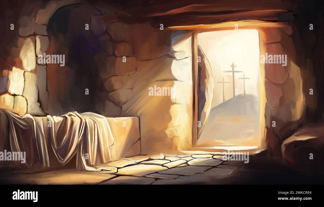 Easter Jesus Christ rose from the dead. Sunday morning. Dawn. The empty tomb in the background ...