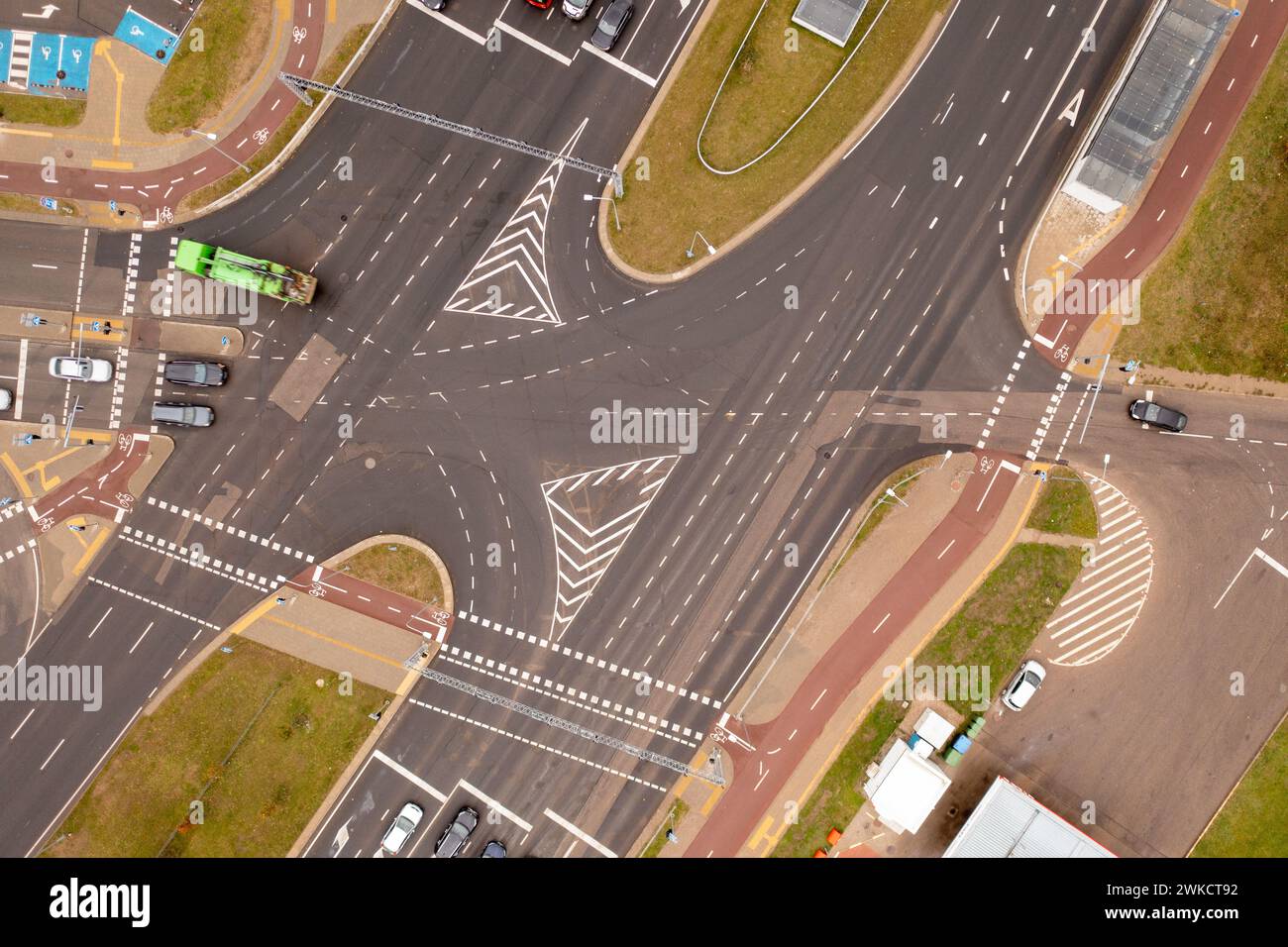 Drone photography of multiple lane intersection with traffic during ...